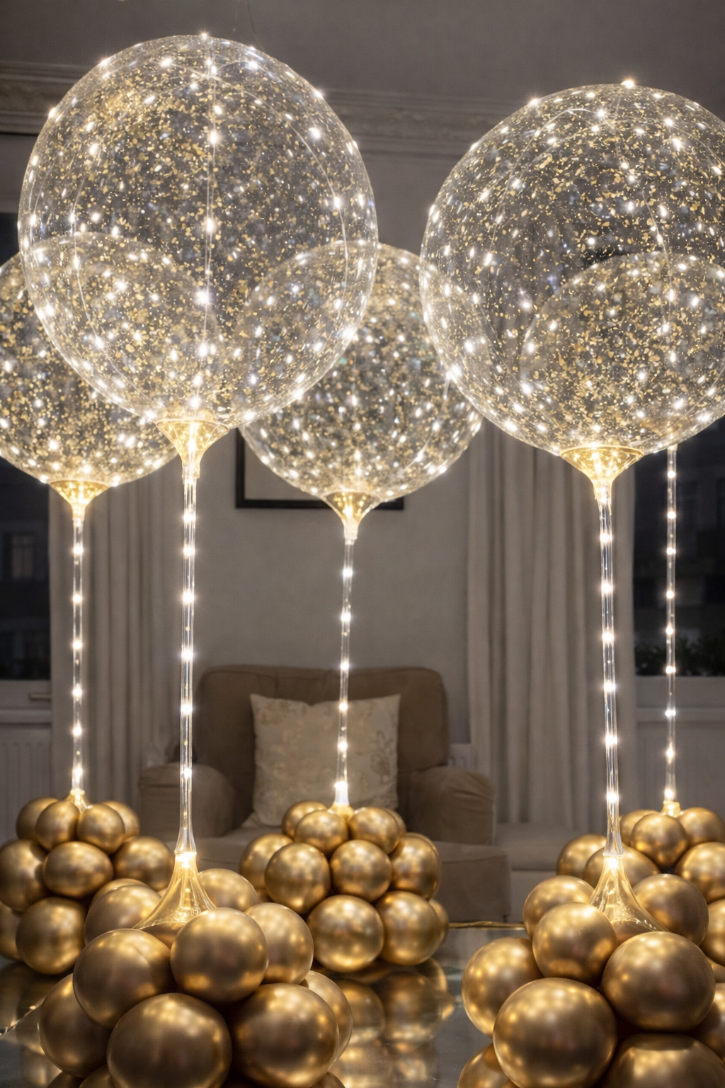 Sparkling Gold Flaked Light Up Balloons Set / Luxury Standing LED Ball ...